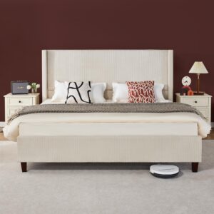 vanacc king size platform bed frame, 50.8" corduroy upholstered bed with vertical channel tufted headboard/wooden slats/wingback/no box spring required/beige