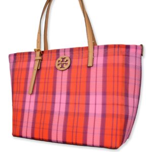 Tory Burch Womens 146732 Emerson Gold-Tone Hardware Mesh Woven E/W Market Tote Bag, (650 Pink/Red Plaid)