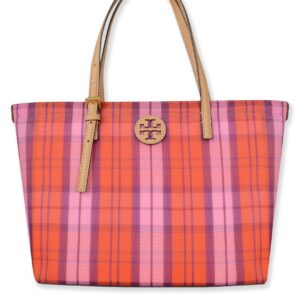 Tory Burch Womens 146732 Emerson Gold-Tone Hardware Mesh Woven E/W Market Tote Bag, (650 Pink/Red Plaid)