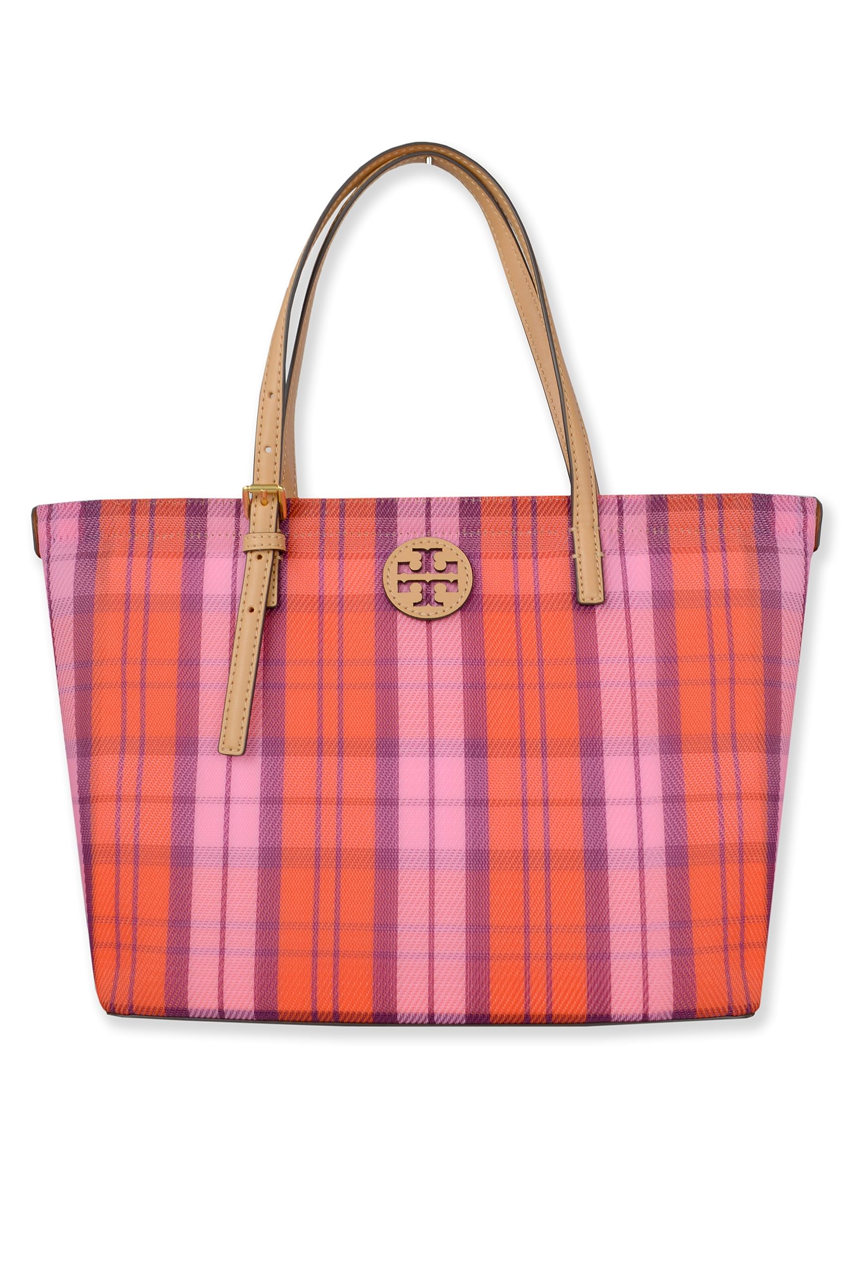 Tory Burch Womens 146732 Emerson Gold-Tone Hardware Mesh Woven E/W Market Tote Bag, (650 Pink/Red Plaid)