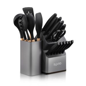 syvio 21-in-1 kitchen knife set, knife sets with block and 6 pcs kitchen utensils set, knives set for kitchen 15 pieces with built-in sharpener, utensils holder for storing kitchen tools