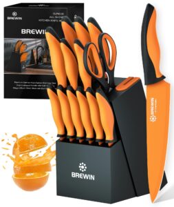 brewin knife set, 15-piece kitchen knife set with block, german stainless steel sharp knives set for kitchen with built-in sharpener, ergonomic tpr anti-slip handle