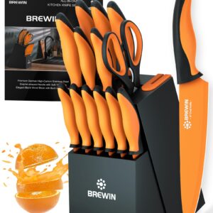 Brewin Knife Set, 15-Piece Kitchen Knife Set with Block, German Stainless Steel Sharp Knives Set for Kitchen with Built-in Sharpener, Ergonomic TPR Anti-Slip Handle