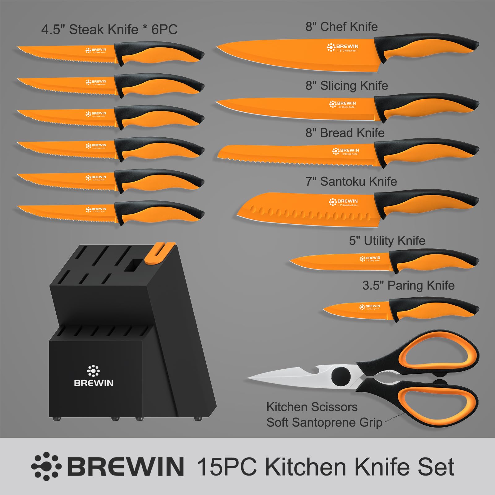 Brewin Knife Set, 15-Piece Kitchen Knife Set with Block, German Stainless Steel Sharp Knives Set for Kitchen with Built-in Sharpener, Ergonomic TPR Anti-Slip Handle