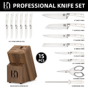 2023 Design KnifeSaga Knife Set, 15 Piece Japanese High Carbon Stainless Steel Knife Sets for Kitchen with Block and Sharpener, Razor Sharp Chef Knives Set with Ergonomic Handle, White