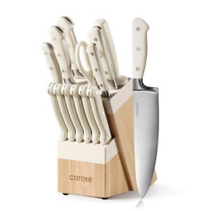 carote 14 pieces knife set with block, forged, high carbon stainless steel sharp blade block knife set, dishwasher safe cutlery,linen white