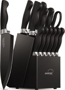 knife set, amorston 15 pieces knife sets for kitchen with block, dishwasher safe kitchen knife set with built in sharpener block, german stainless steel knife block set, black