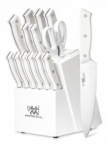 hunter.dual knife set, 15 piece kitchen knife set with block self sharpening, dishwasher safe, anti-slip handle, white