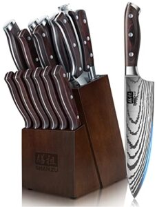 shan zu 16-piece japanese knife set - high carbon stainless steel kitchen knife set with block and sharpener