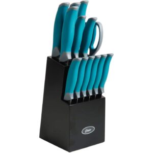 oster lindbergh 14 piece stainless steel cutlery set black block, teal handles,teal/black