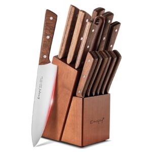 emojoy knife set, 15-piece kitchen knife set with block wooden, kitchen knives sharpener and scissors german stainless steel (brown)