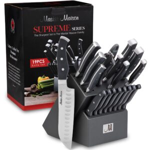 master maison 19-piece premium kitchen knife set with wooden block and knife sharpener - german stainless steel cutlery (gray)