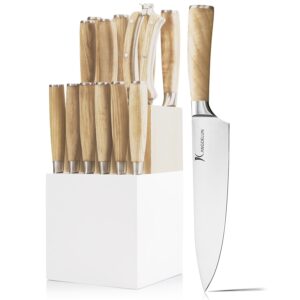 kangdelun natura series 14 pcs knife block set, ultra sharp high carbon stainless steel with wooden handle