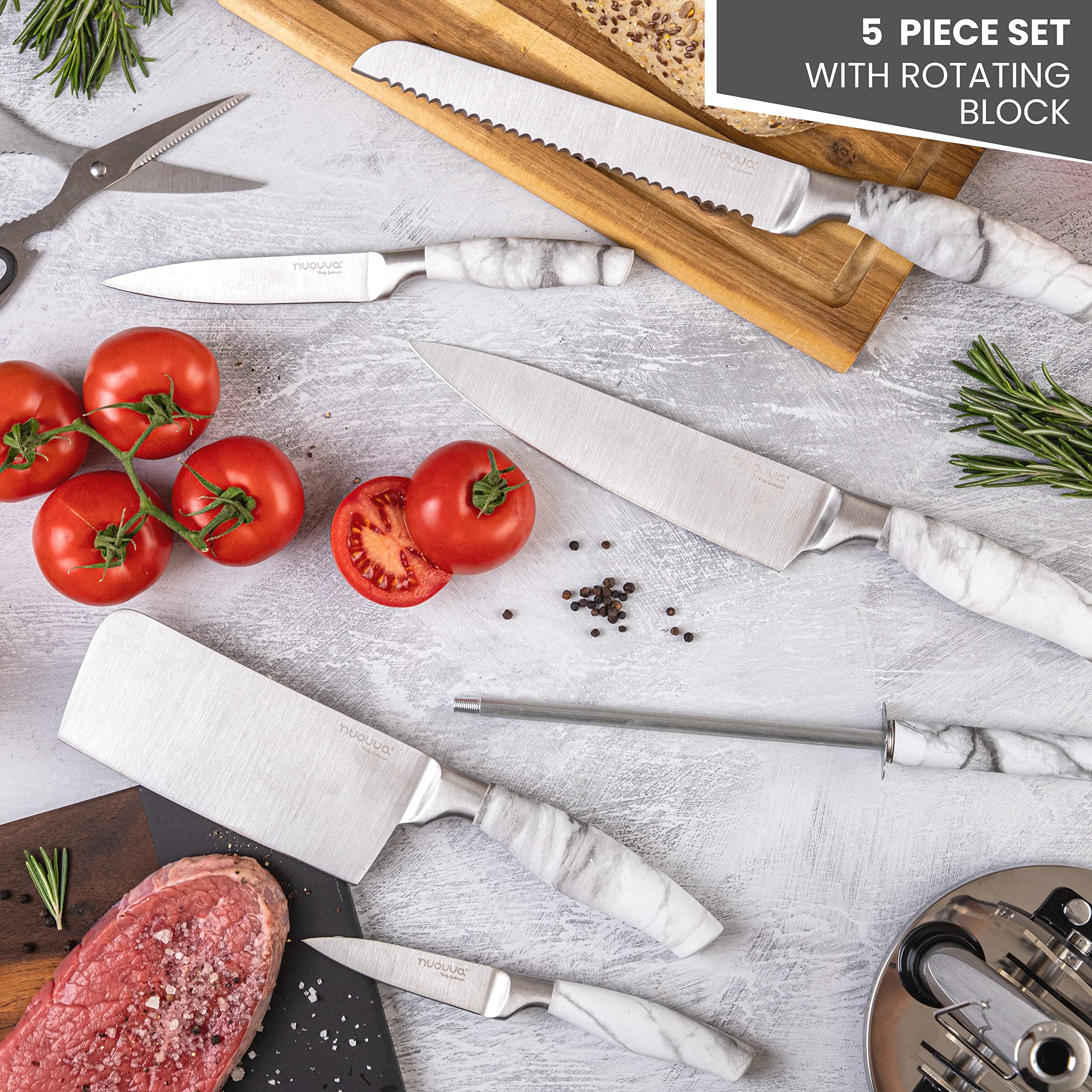 Professional Kitchen Knife Set – 7pcs Calcutta Marble Kitchen Knives – 360 Degree Rotating Knife Block Sharp Stainless Steel Blades – by Nuovva