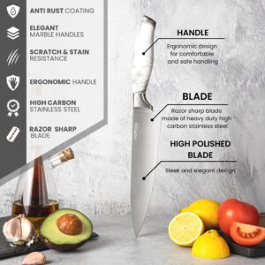 Professional Kitchen Knife Set – 7pcs Calcutta Marble Kitchen Knives – 360 Degree Rotating Knife Block Sharp Stainless Steel Blades – by Nuovva