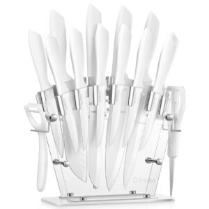 knife set, d.perlla 16 pieces white kitchen knife set with acrylic stand, high carbon stainless steel, non stick coated knife block set, no rust, non slip handle, sharp knife