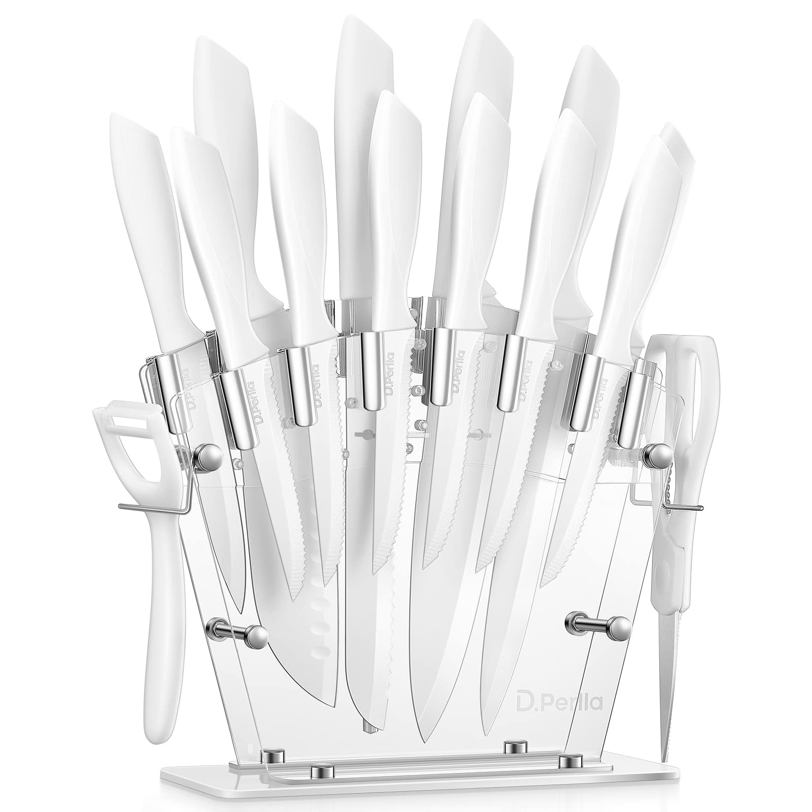 Knife Set, D.Perlla 16 Pieces White Kitchen Knife Set with Acrylic Stand, High Carbon Stainless Steel, Non Stick Coated Knife Block Set, No Rust, Non Slip Handle, Sharp Knife