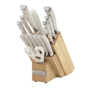 farberware 15-piece forged triple rivet knife block set, high-carbon kitchen knife set with ergonomic handles, 15-piece set, razor-sharp knife set, white