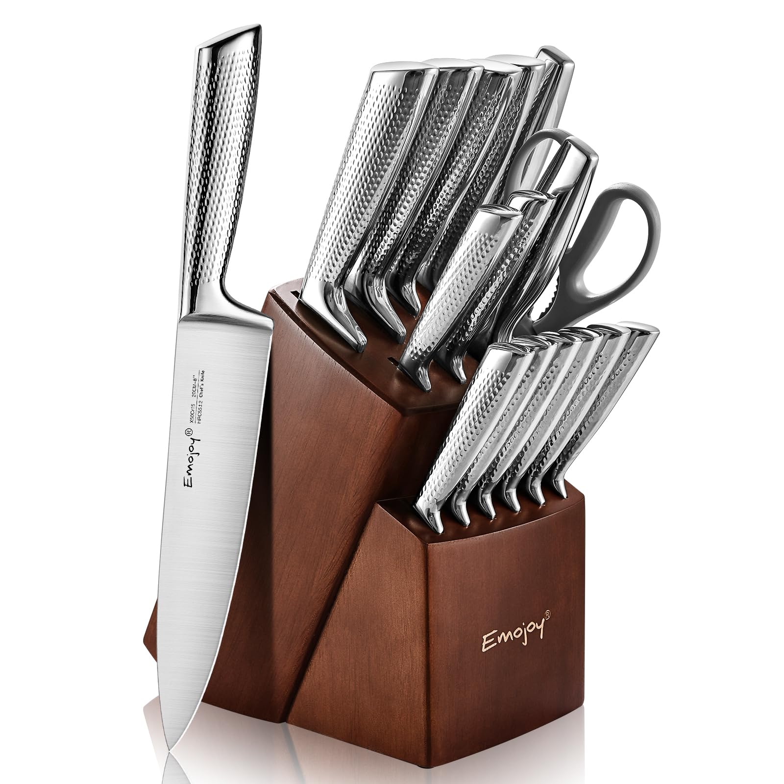 Emojoy 16-Piece Kitchen Knife Set with Wooden Block, Ripple German Stainless Steel Knife Set, Cooking Knives with Sharpener and Scissors,Sliver