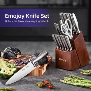 Emojoy 16-Piece Kitchen Knife Set with Wooden Block, Ripple German Stainless Steel Knife Set, Cooking Knives with Sharpener and Scissors,Sliver