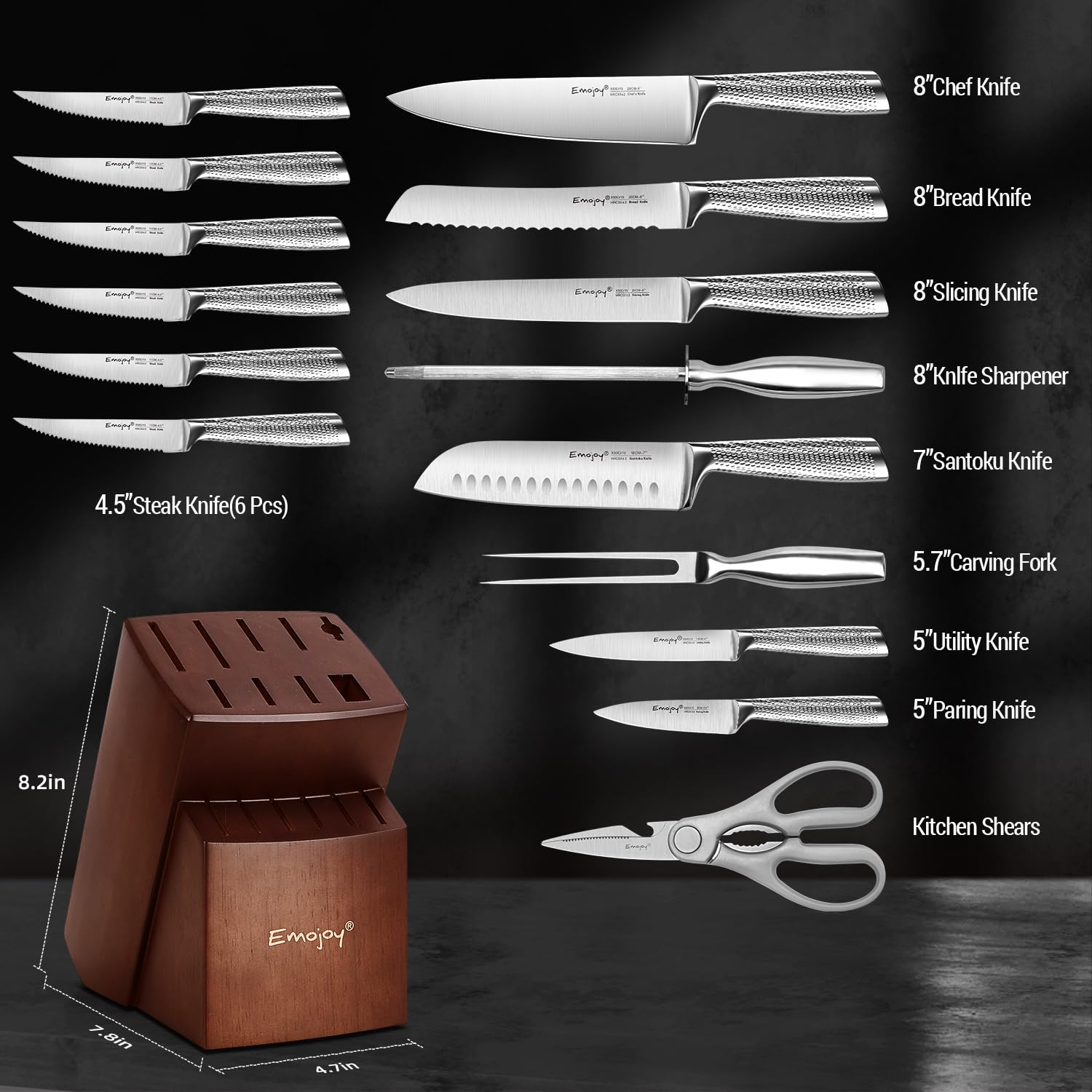 Emojoy 16-Piece Kitchen Knife Set with Wooden Block, Ripple German Stainless Steel Knife Set, Cooking Knives with Sharpener and Scissors,Sliver