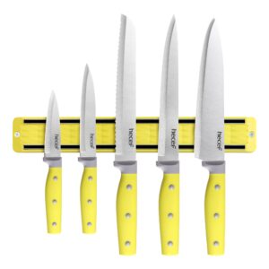 hecef kitchen knife set with magnetic strip, 6 pcs professional knives set for kitchen, 13-inch magnetic strip stainless steel sharp chef knife set with yellow handle for cutting meat & vegetable