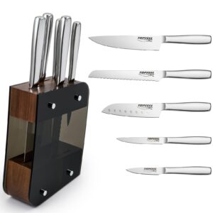 topfeel knife set for kitchen with block, sharp knife set 6 piece, high carbon mirror polishing stainless steel chef knife set with gift box