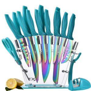 rainbow titanium knife set 17 pcs kitchen knives set sharp cutlery knife sets contain 6 steak knives sharpener clear acrylic stand nonstick chef knife block set (turquoise)