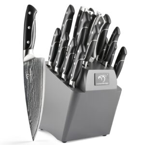 18 pieces damascus kitchen knife set, 8 piece steak knives, non-slip abs ergonomic triple rivet handle for meat fork, knife sharpener and shears, 17 slots fraxinus manchuria knife block (grey)