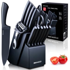 RAXCO Knife Set with Block, Kitchen Knife Set-6 Kitchen Knives,6 Steak Knives,Dishwasher Safe knife set Black(17-1)