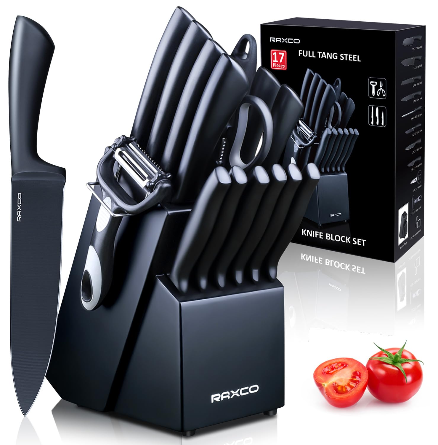 RAXCO Knife Set with Block, Kitchen Knife Set-6 Kitchen Knives,6 Steak Knives,Dishwasher Safe knife set Black(17-1)