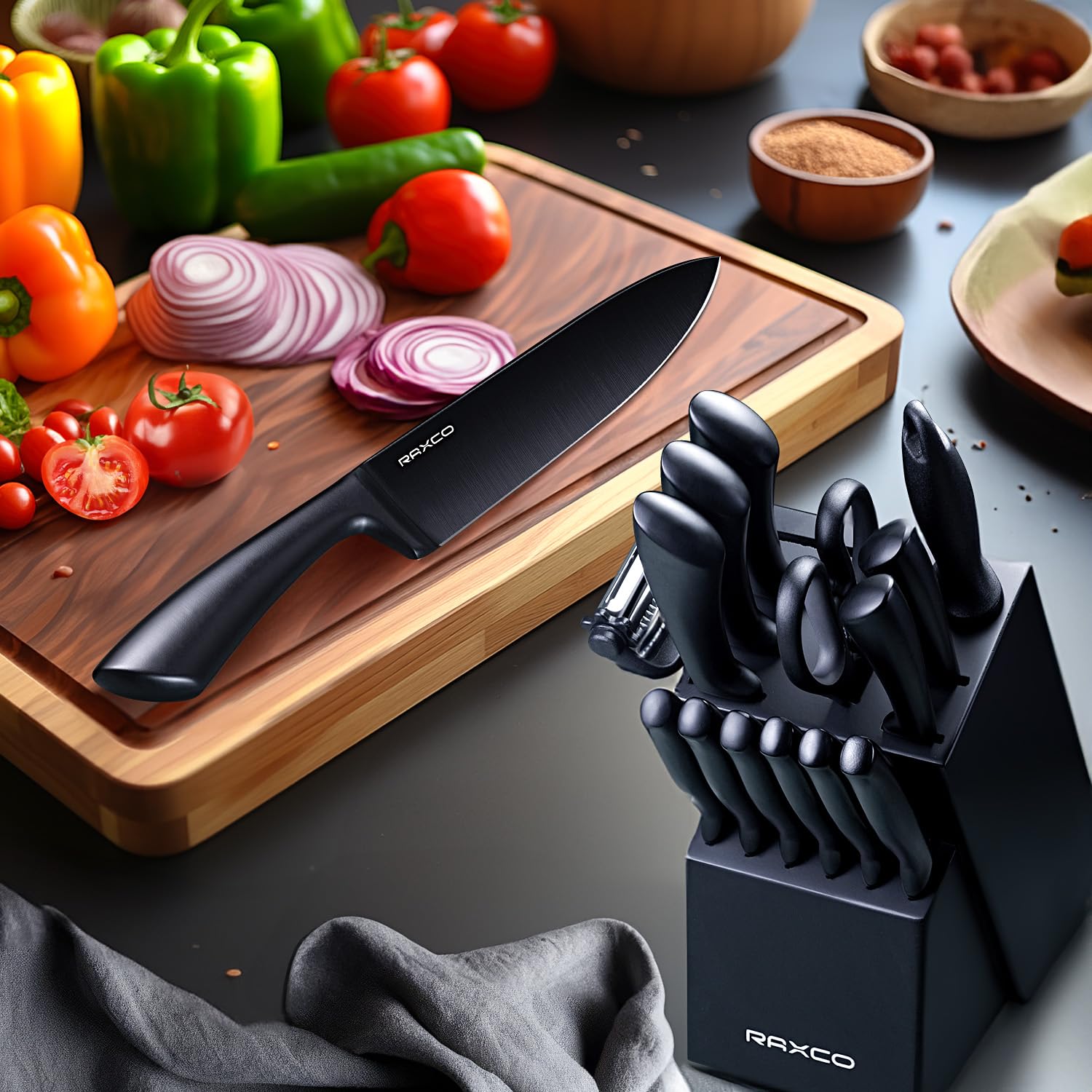 RAXCO Knife Set with Block, Kitchen Knife Set-6 Kitchen Knives,6 Steak Knives,Dishwasher Safe knife set Black(17-1)