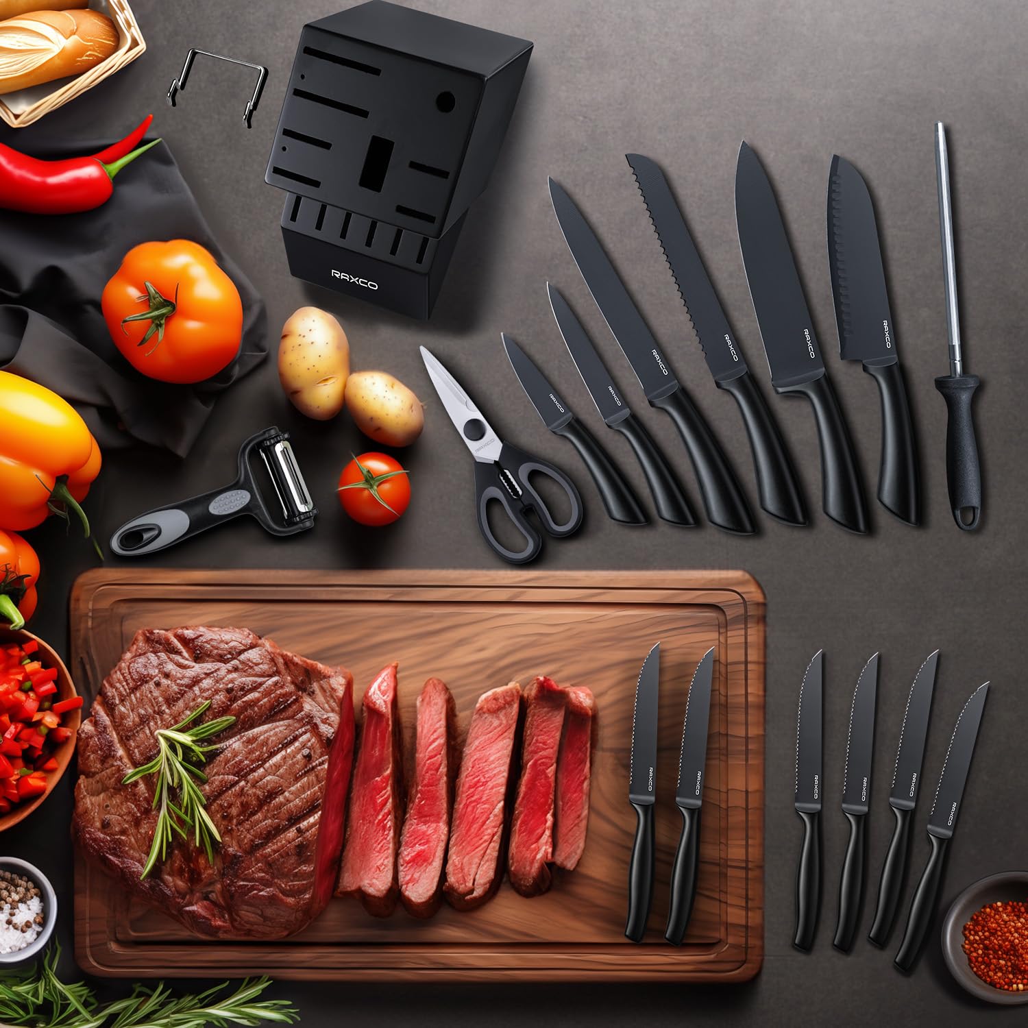 RAXCO Knife Set with Block, Kitchen Knife Set-6 Kitchen Knives,6 Steak Knives,Dishwasher Safe knife set Black(17-1)