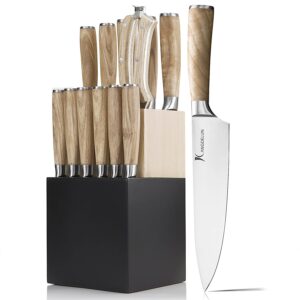 kangdelun natura series 14 pcs knife block set, ultra sharp high carbon stainless steel with wooden handle