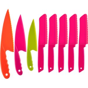 jovitec 8 pieces kid plastic kitchen knife set, children's safe cooking chef nylon knives for fruit, bread, cake, salad, lettuce knife kids' baking supplies