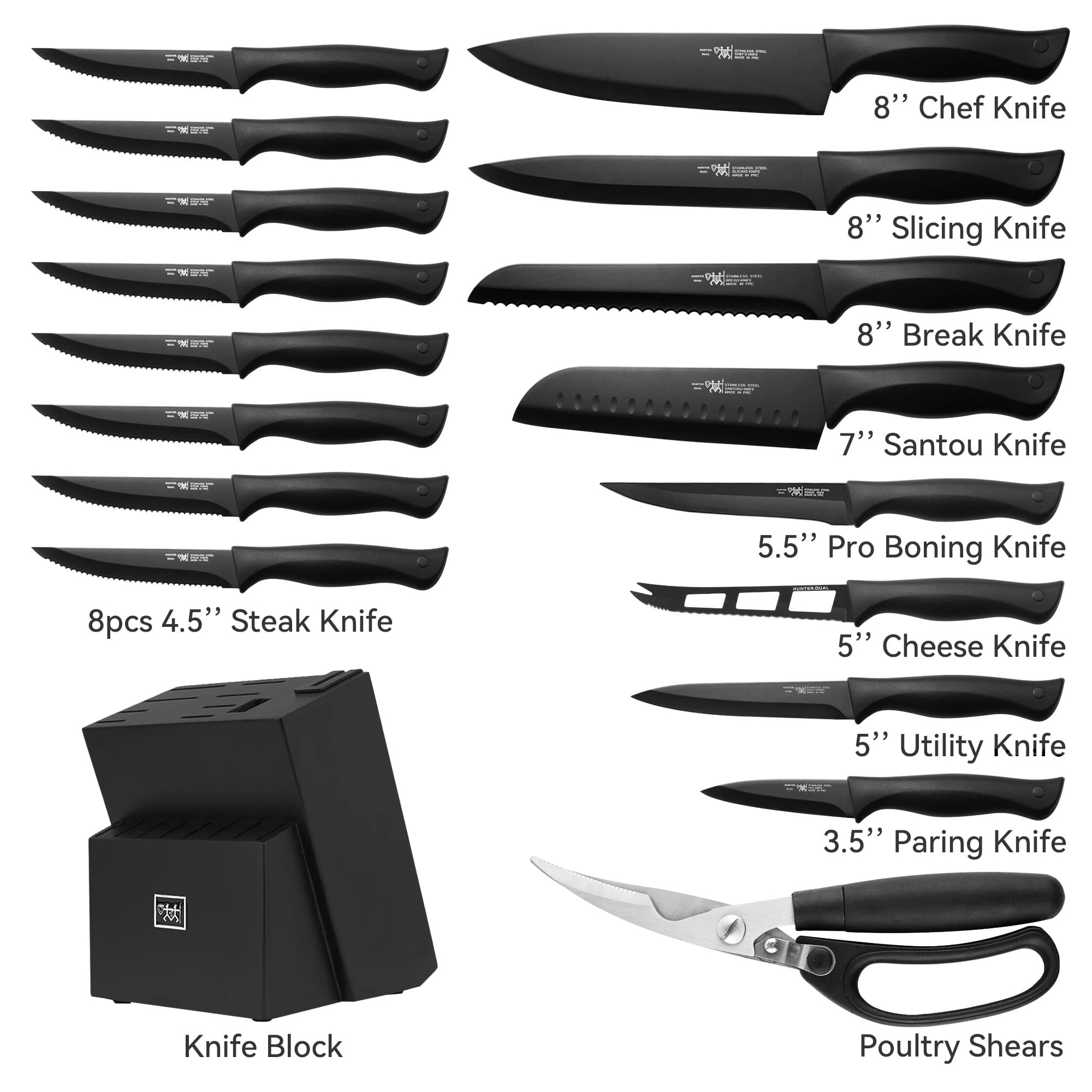 Knife Sets for Kitchen with Block, HUNTER.DUAL 19 Pcs Kitchen Knife Set with Block Self Sharpening, Dishwasher Safe, Anti-slip Handle, Black