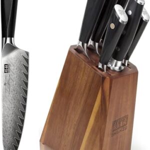 Damascus Kitchen Knife Set, SHAN ZU 7-Piece Professional Knife Sets for Chefs, Japanese AUS-10V Super Steel With G10 Handle Knife Block Set, GYO Series