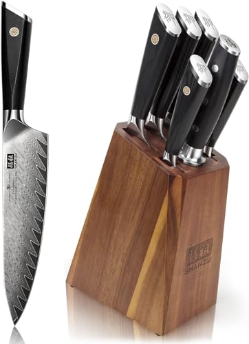 Damascus Kitchen Knife Set, SHAN ZU 7-Piece Professional Knife Sets for Chefs, Japanese AUS-10V Super Steel With G10 Handle Knife Block Set, GYO Series