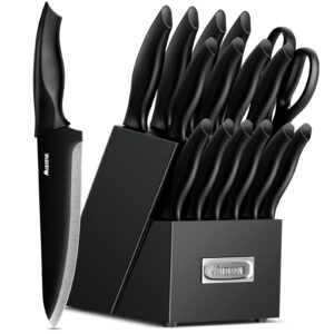 midone knife set with block, 17 pieces kitchen knife set with built in knife sharpener block, german stainless steel knife block set, elegant black