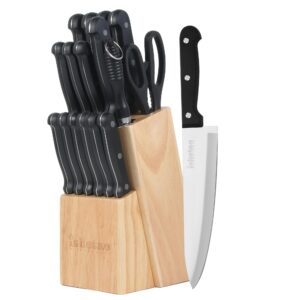 17-piece triple rivet kitchen knife set with high-carbon stainless-steel blades, black abs handle and wood block, black