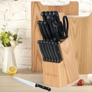 17-Piece Triple Rivet Kitchen Knife Set with High-Carbon Stainless-Steel Blades, Black ABS Handle and Wood Block, Black