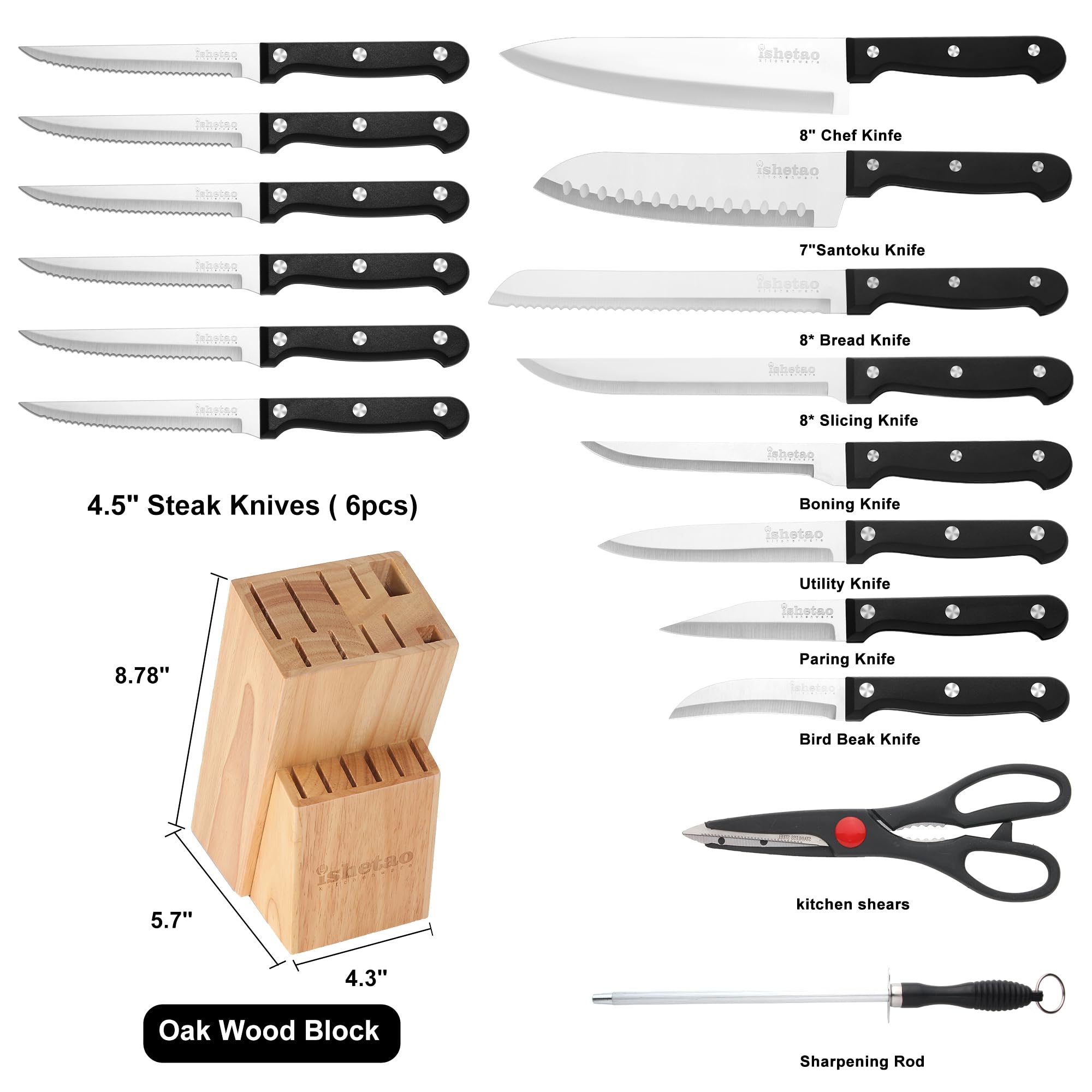 17-Piece Triple Rivet Kitchen Knife Set with High-Carbon Stainless-Steel Blades, Black ABS Handle and Wood Block, Black