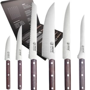 UMOGI Kitchen Knife Set 6 Piece with Sheath Covers in Gift Box - Full Tang Wooden Handle German Stainless Steel - professional Cutlery Knives Set with Chef Slicing Bread Boning Utility Paring Knife