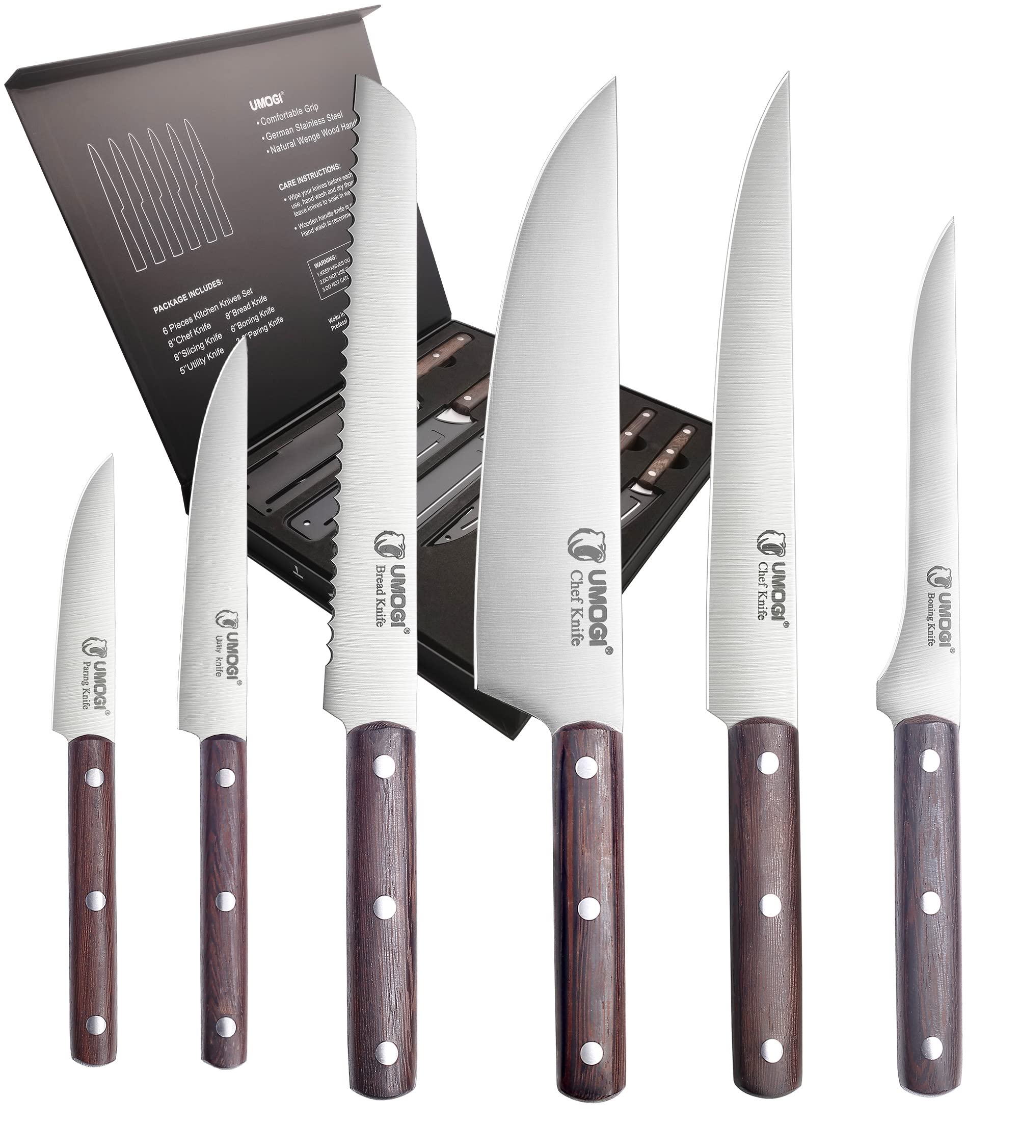 UMOGI Kitchen Knife Set 6 Piece with Sheath Covers in Gift Box - Full Tang Wooden Handle German Stainless Steel - professional Cutlery Knives Set with Chef Slicing Bread Boning Utility Paring Knife