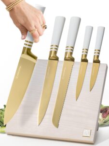 white and gold knife set with block- 6 pc white and gold kitchen knife set with magnetic knife holder includes white and gold knives and ashwood magnetic knife block - gold kitchen accessories