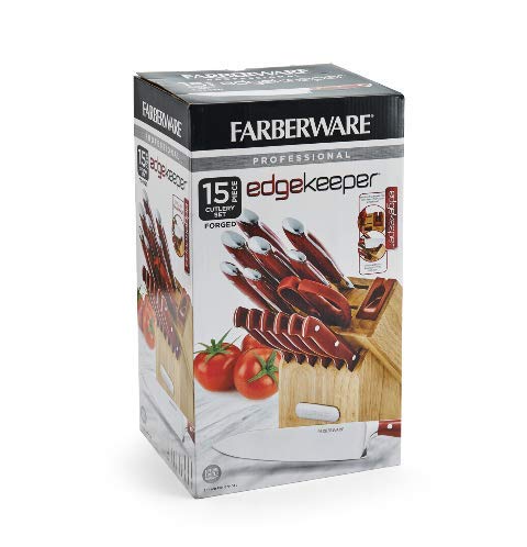 Farberware Professional 15-piece Forged Triple Riveted Knife Block Set with Built-in Edgekeeper Knife Sharpener, High-Carbon Stainless Steel Kitchen Knives, Razor-Sharp Knife set, Red