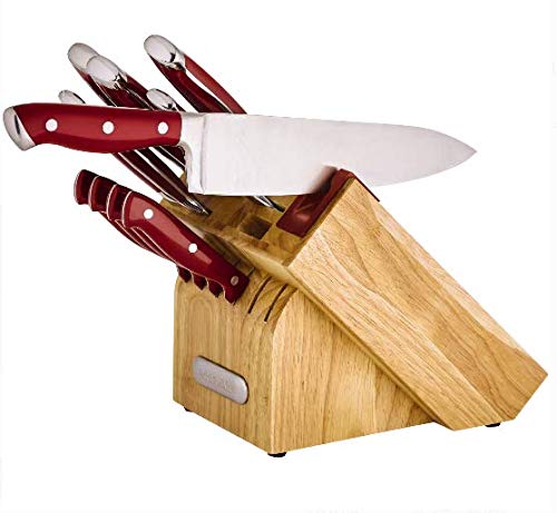 Farberware Professional 15-piece Forged Triple Riveted Knife Block Set with Built-in Edgekeeper Knife Sharpener, High-Carbon Stainless Steel Kitchen Knives, Razor-Sharp Knife set, Red