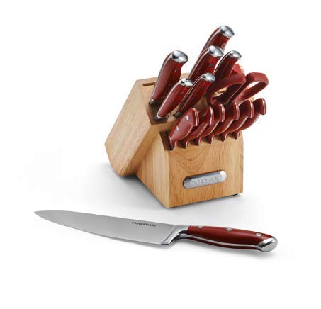 Farberware Professional 15-piece Forged Triple Riveted Knife Block Set with Built-in Edgekeeper Knife Sharpener, High-Carbon Stainless Steel Kitchen Knives, Razor-Sharp Knife set, Red