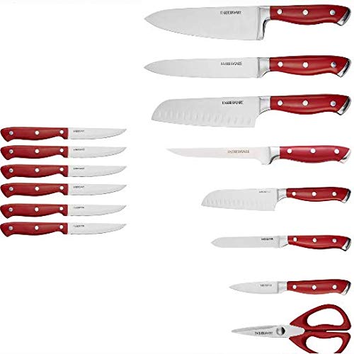 Farberware Professional 15-piece Forged Triple Riveted Knife Block Set with Built-in Edgekeeper Knife Sharpener, High-Carbon Stainless Steel Kitchen Knives, Razor-Sharp Knife set, Red