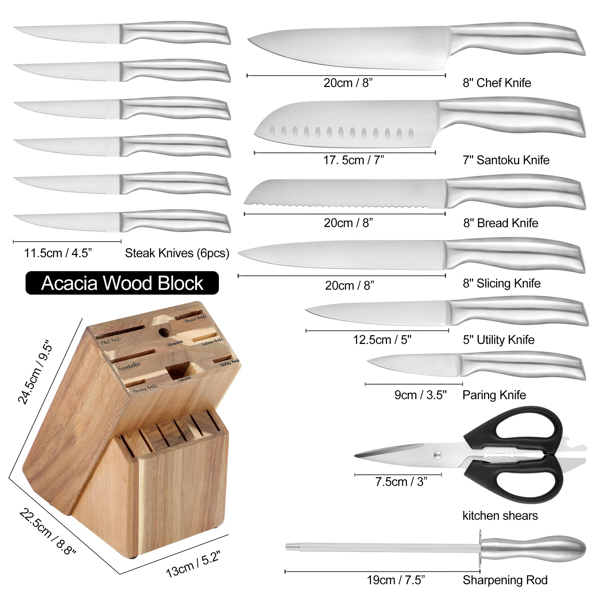 Knife Sets for Kitchen with Block, 15 Piece Kitchen Knife Set, Ultra Sharp Chef Knife Set for Kitchen, High Carbon Stainless Steel Knife Block Set with Sharpener, Silver